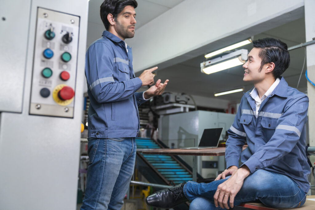 specialist worker engineer team casual conversation after working kaugh ...